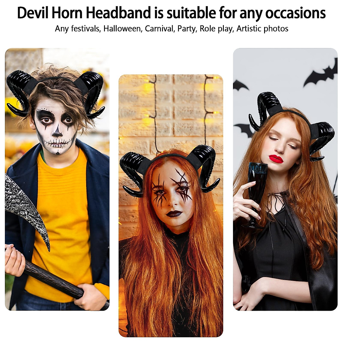 Orgoue Devil Horns Headband, Black Horns Headband Demon Horns Ram Horns Headband for Women Men for Halloween Costume Cosplay