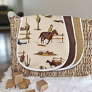 Sweet Jojo Designs Western Cowboy Baby Boy Absorbent Burp Cloths for Infant Newborn - Red Blue Tan Chocolate Brown and White Wild West Southern Country Horse - 3 Pack Set of Dribble Drool Cloths