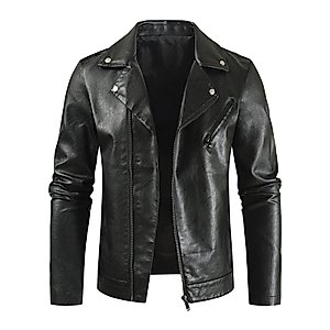 Maiyifu-GJ Men Faux Leather Motorcycle Jacket Vintage Notched Lapel Pu Biker Coat Lightweight Asymmetric Zipper Slim Outwear (Black,Medium)