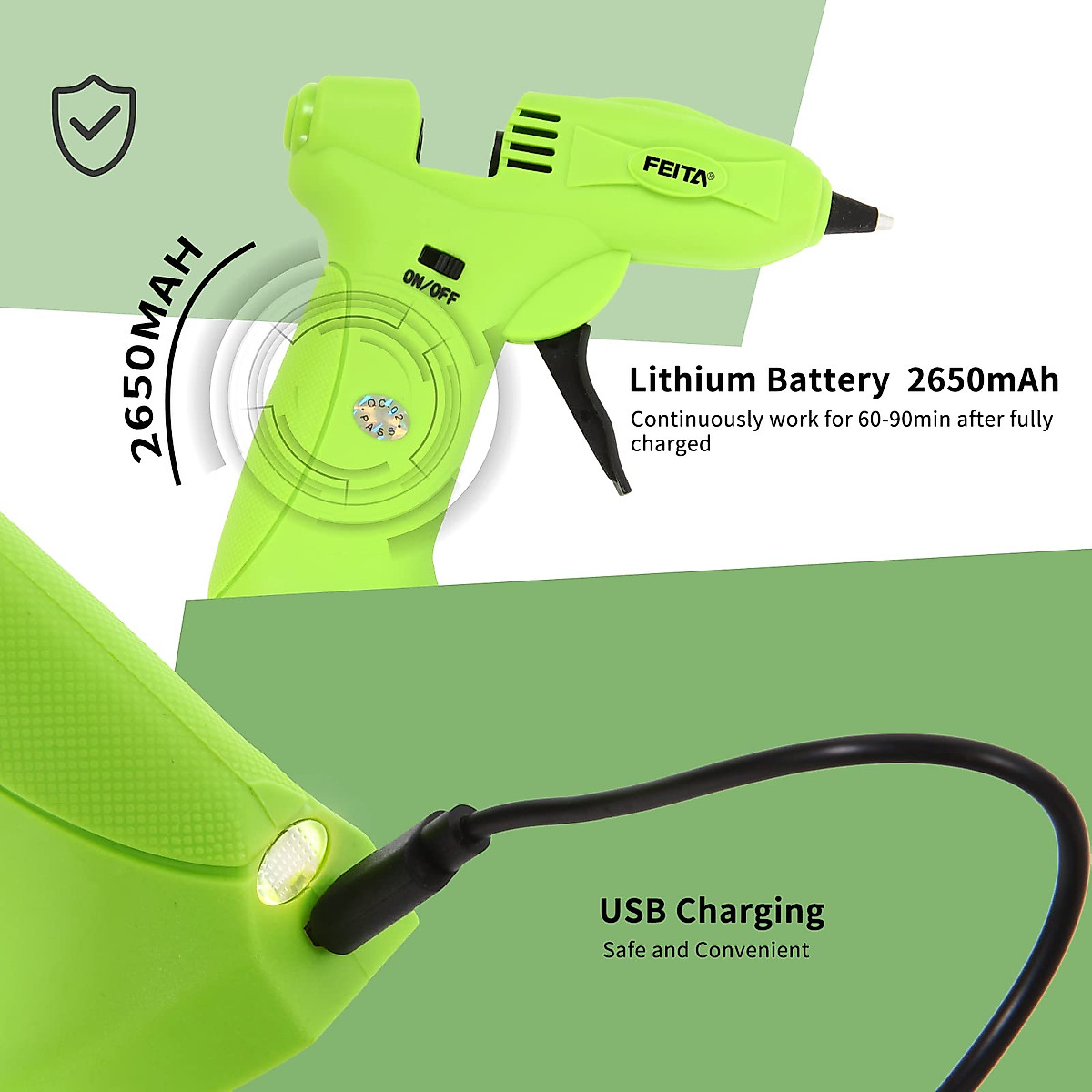 FEITA Cordless USB Rechargeable 2650mAh Mini Wireless Hot Melt Glue Gun Kit - With 30pcs Glue Sticks for Crafts, Arts, Home DIY Repairs