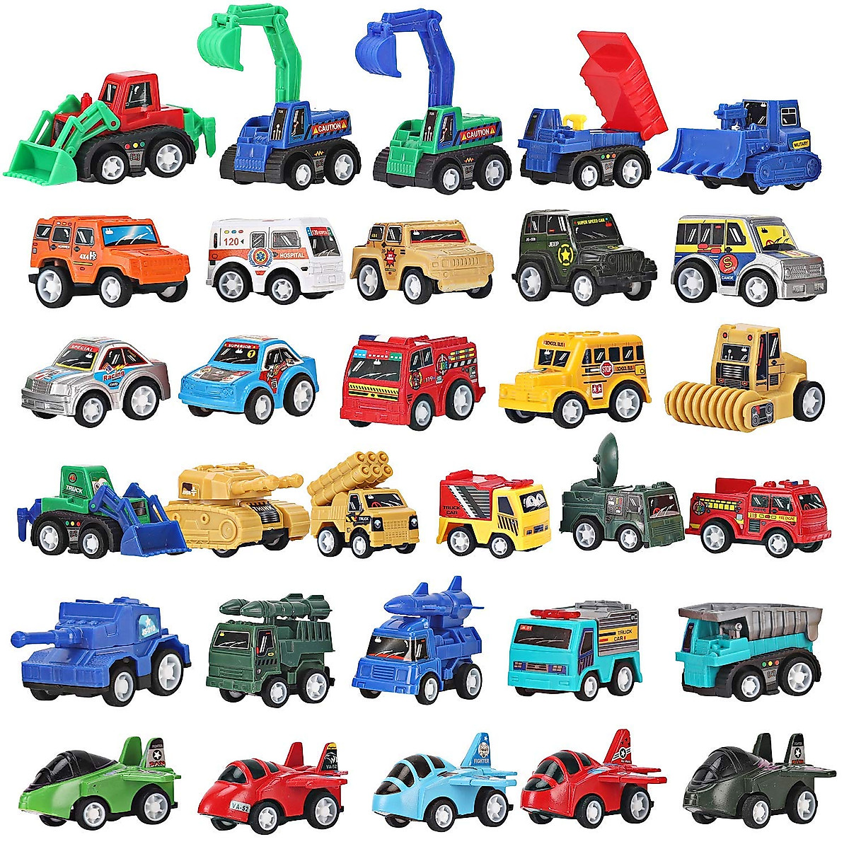 36 PCS Mini Pullback Vehicles Toy Pocket Cars Mega Set for Kids - Pull Back Plastic Miniature Construction Truck, Military Vehicle, Race Car, Fighter Jets Gift Assortment