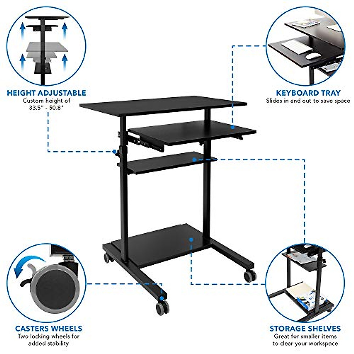 Mount-It! Mobile Standing Desk with Retractable Keyboard Platform | Height Adjustable Stand Up Computer Workstation | Locking Wheels, 99 Lbs Capacity