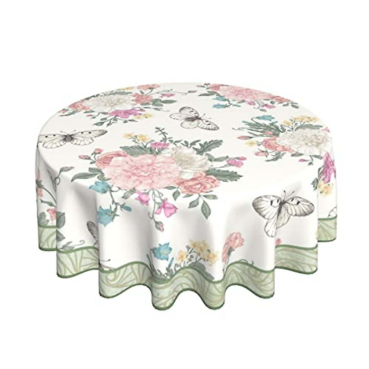 Round Tablecloth 60 Inch, Spring Floral Butterfly Green White Table Cloth for Rustic Farmhouse Kitchen Decor, Waterproof Wipeable Polyester Fabric Table Cover for Holiday Party Outdoor Camping Picnic