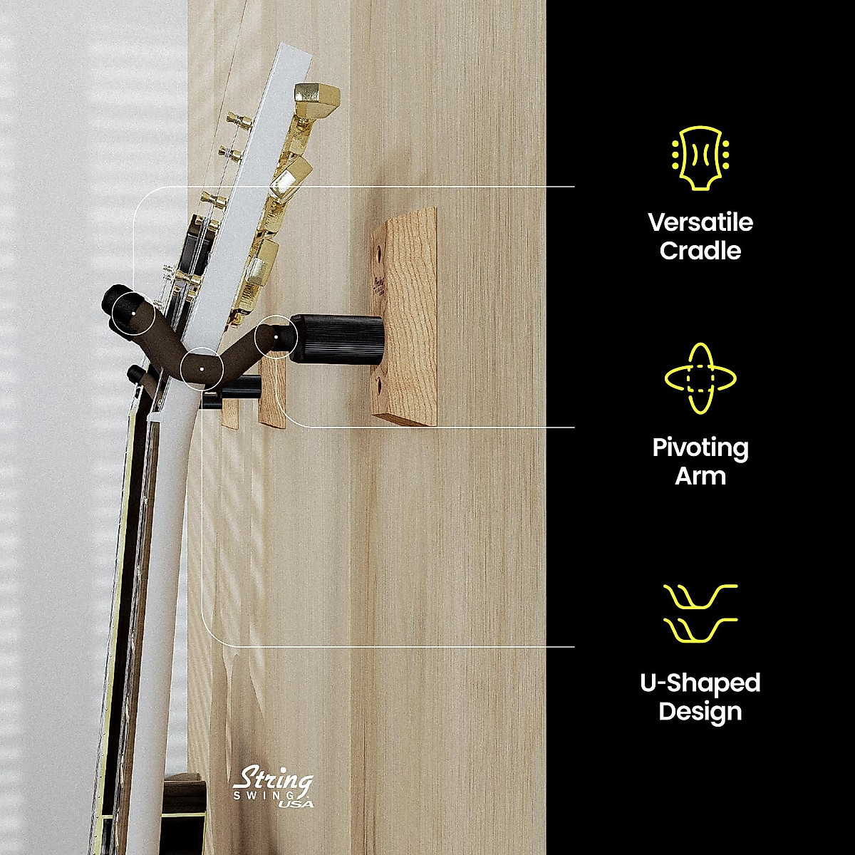 String Swing Guitar Wall Mount, Guitar Hanger, Wall Guitar Mount, Guitar Holder Hook for Wall, Fits All Size Guitars, Acoustic, Electric, Bass, Cherry Hardwood - Made in USA