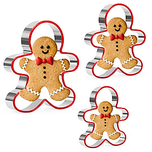 Gingerbread Man Cookie Cutters Set, 3 PCS Gingerbread Man Biscut Cutters Set Stainless Steel Christmas Cookie Cutters with Red Environmental PVC - 5.3/4.5/3.5IN