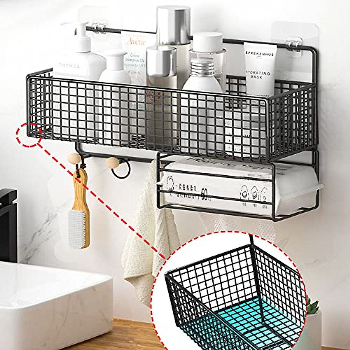Shower Caddy Shelf with Hooks and Paper Rack Punch-free Bathroom Storage Rack Organizer No Drilling Wall Mounted Stainless Steel Shower Basket Storage Shelf (Golden)