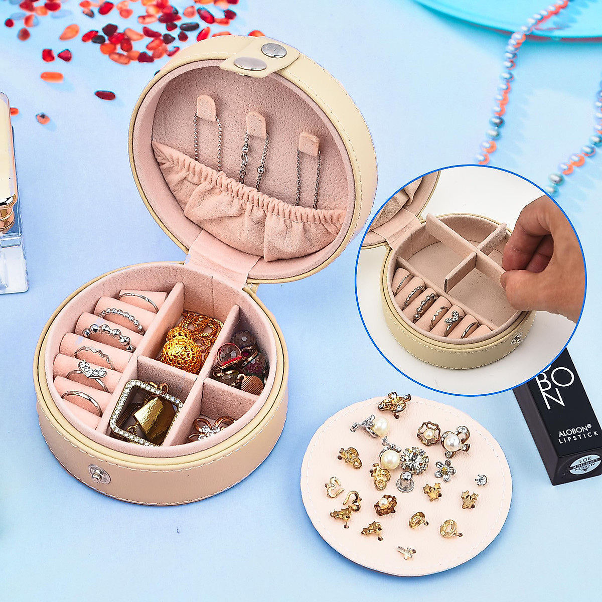 FYTSDIK Jewelry Holder Organizer, Travel Jewelry Case, Small Jewelry Box Travel Essentials Accessories for Women, Ring Necklace Earring Bracelet Box, Mini Gifts for Women Mom Grandma(PU-Beige) 1 Pack