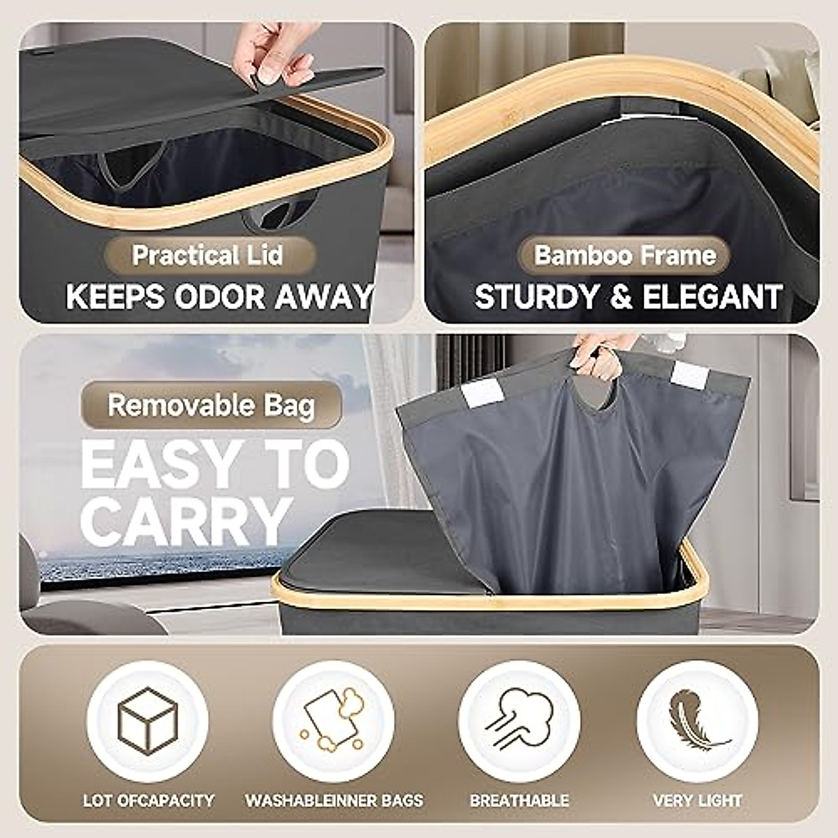 Zomhusea Double Laundry Basket with Lid - 140L Divided Laundry Hamper 2 Section with Removable Bags,Foldable Dirty Clothes Basket with Bamboo Handles - Bathroom,Dorm,College Large Hampers for Laundry