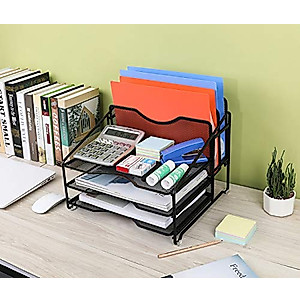 EasyPAG Mesh Desk Organizer with 3 Tier Letter Tray and 2 Vertical File Holder,Black