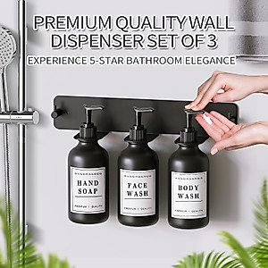 XLHOMO Shampoo and Conditioner Dispenser, Matte Black Body Wash Shower Soap Dispenser Wall Mounted 3 Chamber with Labels Bath Sponge, Drill Free 17oz Plastic Shower Bottles Refillable for Bathroom