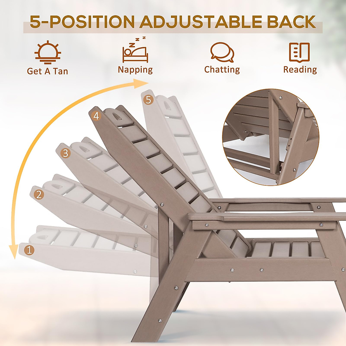 nalone Chaise Lounge Outdoor with 5-Position Adjustable Backrest, HDPE Lounge Chair for Outside Supports Up to 400 LBS, Pool Lounge Chairs for Patio Poolside Deck Beach Backyard(Grey Brown)