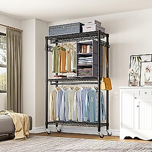 VIPEK V12E Garment Rack Heavy Duty Rolling Clothes Rack with 3 Tiers Adjustable Wire Shelving and Double Rods for Hanging Clothes Freestanding Wardrobe Storage Organzier Metal Clothing Rack, Black