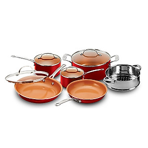 Gotham Steel 10-Piece Kitchen Set with Non-Stick Ti-Cerama Coating by Chef Daniel Green - Includes Skillets, Fry Pans, Stock Pots and Steamer Insert – Red
