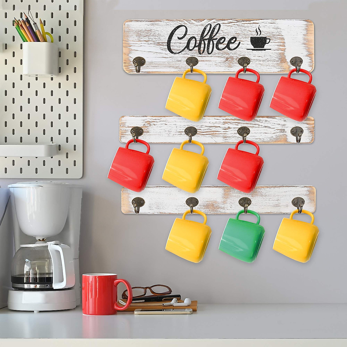 LotFancy Coffee Mug Holder, Rustic Wall Mounted Mug Rack with 12 Cup Hangers, Farmhouse Wood Cup Organizer for Home, Office, Kitchen Display Storage Collection, White Coffee Nook Décor