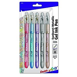 Pentel Arts Sunburst Metallic Gel Pen, Medium Line, Permanent, 5 Pack, Assorted Ink (K908MBP5)
