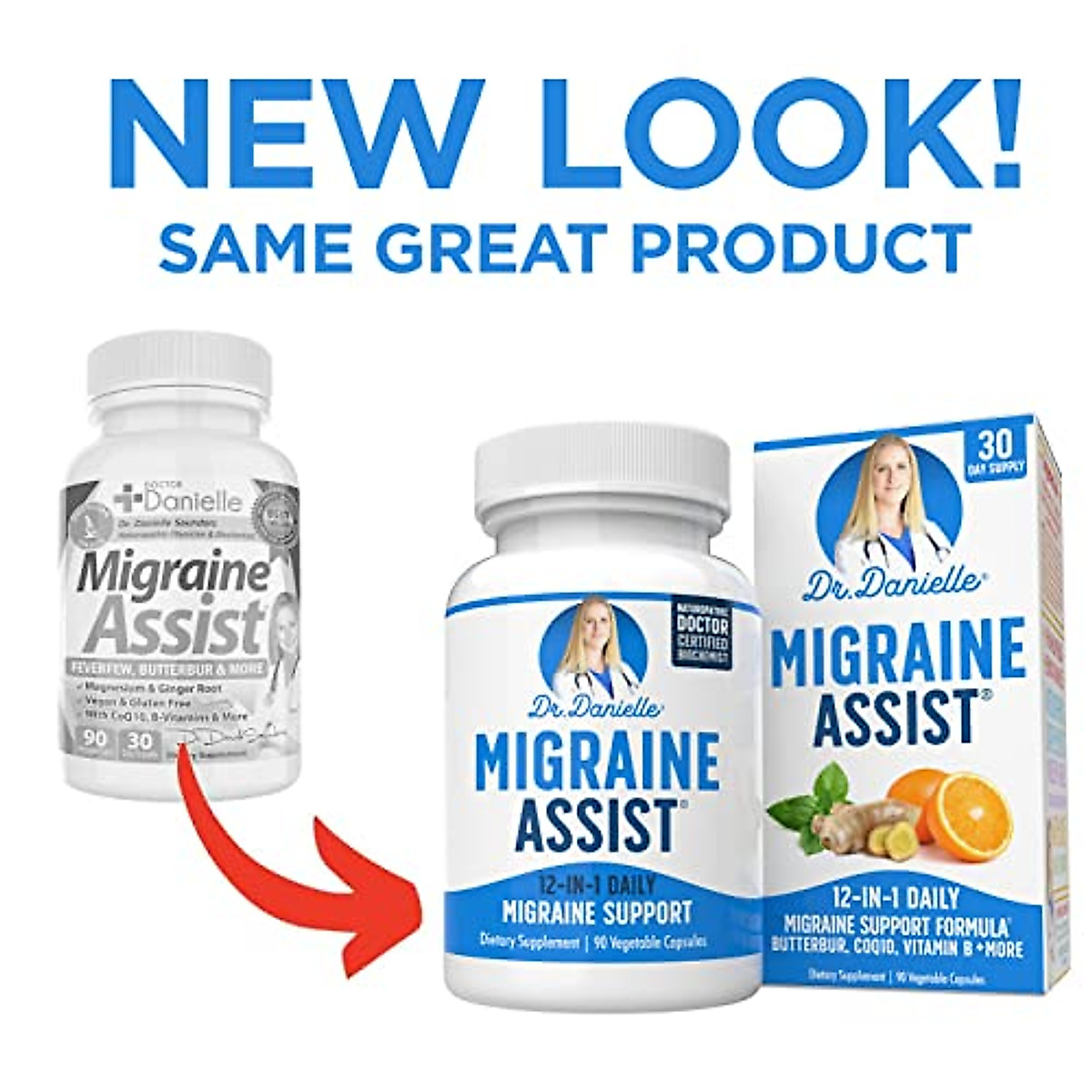 Best Migraine Relief Product with Magnesium - Migraine Assist Supplement with Quercetin, Feverfew, Butterbur, CoQ10 from Dr. Danielle, 90 Capsules