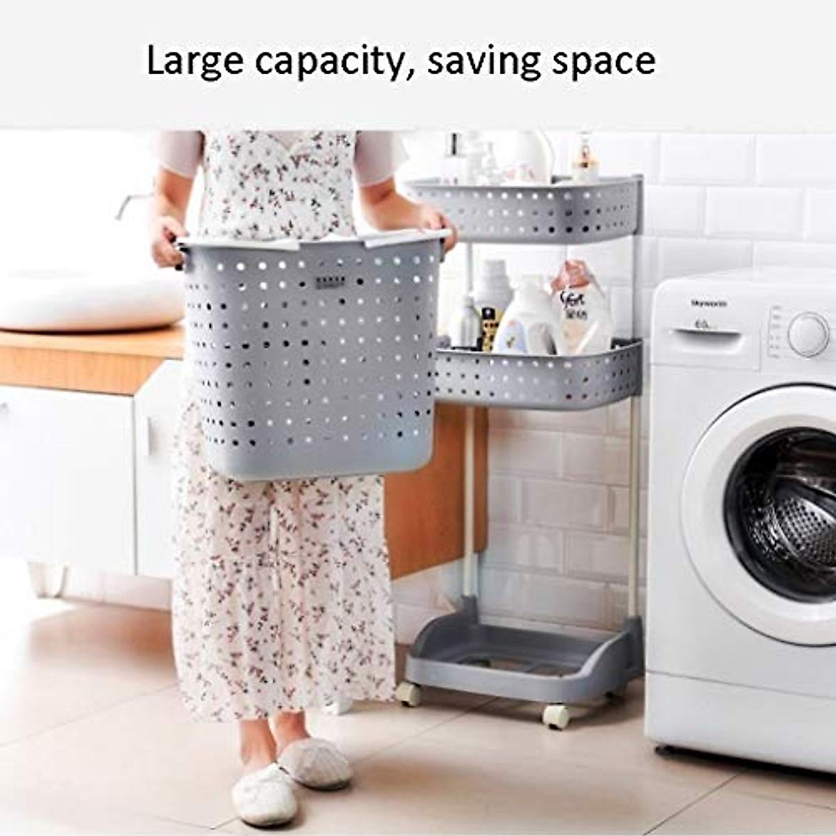 Laundry Hamper with Wheels and Removable Basket Bathroom Storage Organizer,Rolling Storage Rack,3-Tier Mobile Storage Cart For Bathroom and Laundry or Narrow Places,Gray