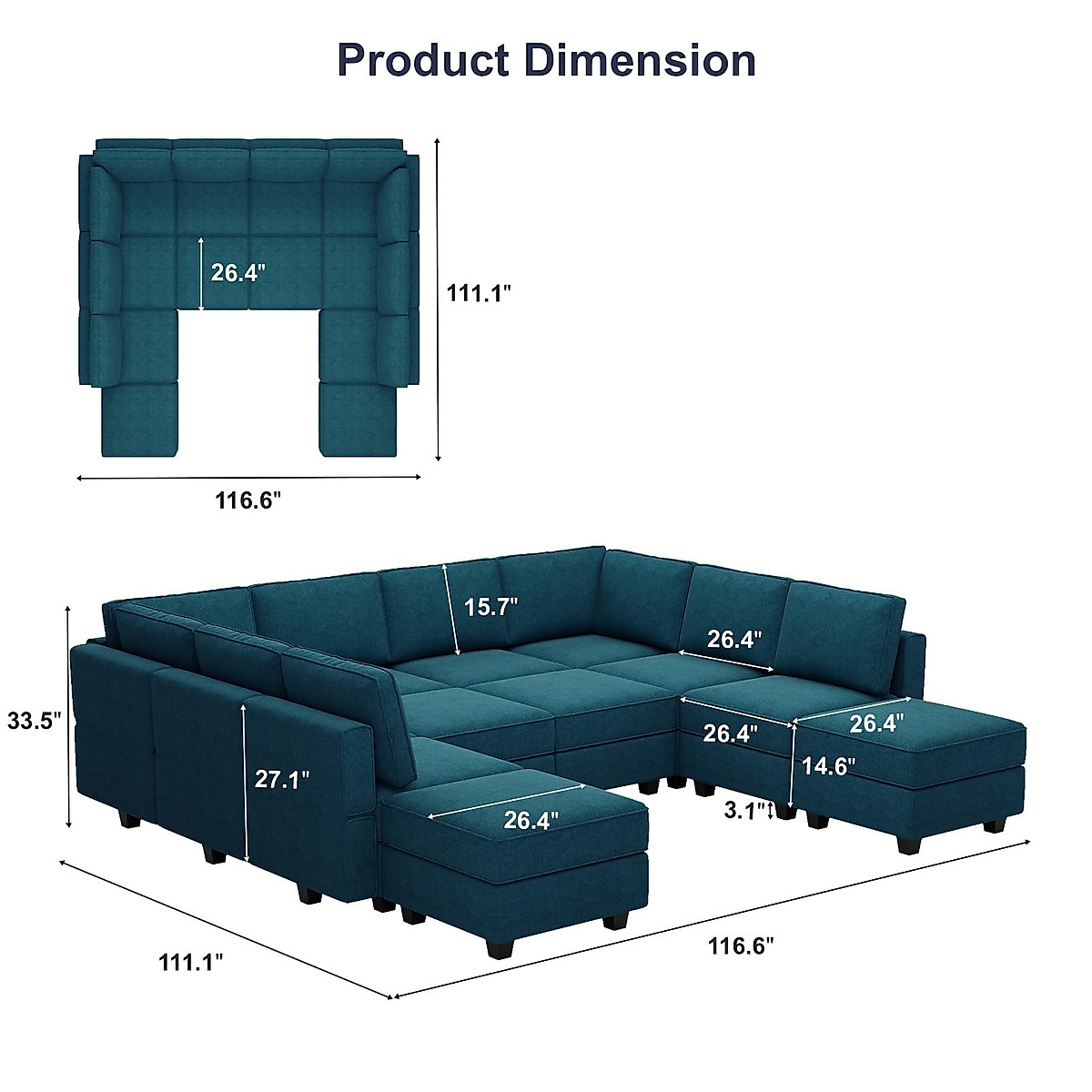 Belffin Terry Fabric Oversized U Shaped Sectional Sofa with Chaise Modular Sectional Sofa Couch for Living Room Convertible Sleeper Bed. Peacock Blue Couch