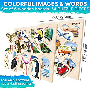 QUOKKA Toddler Puzzles Ages 2-4 in a Bag – 6 Montessori Wooden Puzzles for Toddlers 3-5 Year Old – Preschool Wood Game for Boys and Girls 4-6 – Gift for Learning Realistic Animals Fruits Vehicles