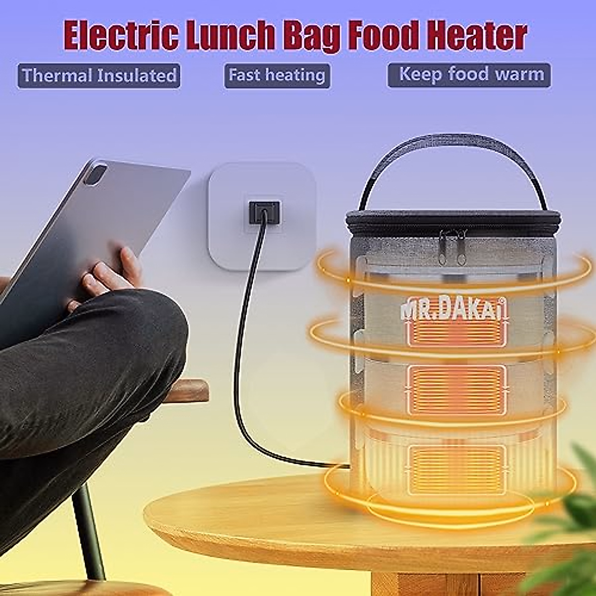 Mr.Dakai Hot Bento Box Adult Lunch Box with Utensils, Large Bento Box Stackable Thermal Insulated Electric Lunchbox Containers for Adults, Portable Heater Food Warmer for Dining Out, Work