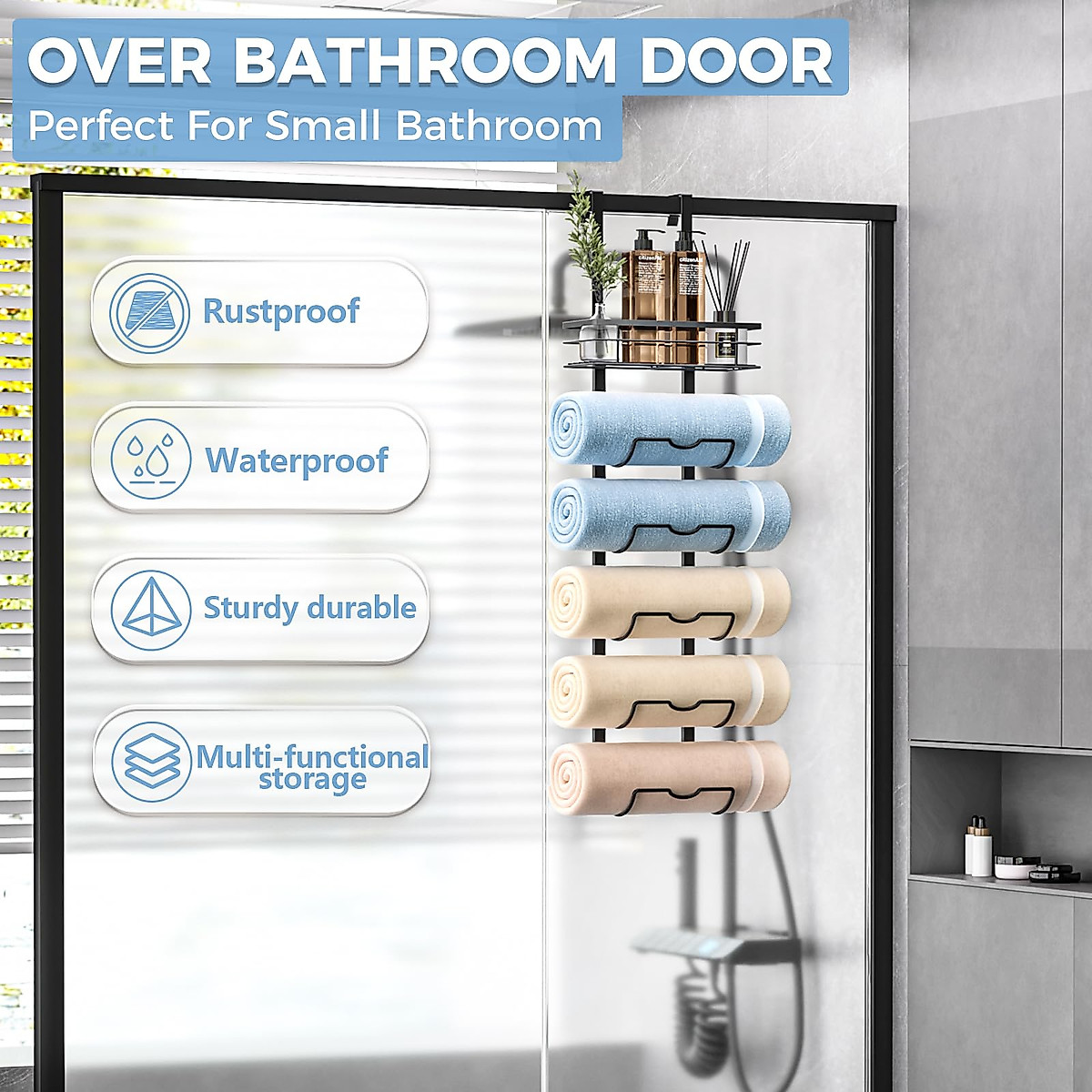 Xstydes 6-Tier Over The Door Towel Rack,Towel Racks for Bathroom, Metal Towel Holder with Storage Basket,Towel Storage for Small Bathroom,Towel Rack for Rolled Towels,Black