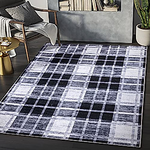 Abani 5' x 8' Rectangular Area Rugs - Cream Grey Farmhouse Plaid Polypropylene, Non-Shedding and Stain Resistant Machine Washable Large Rugs