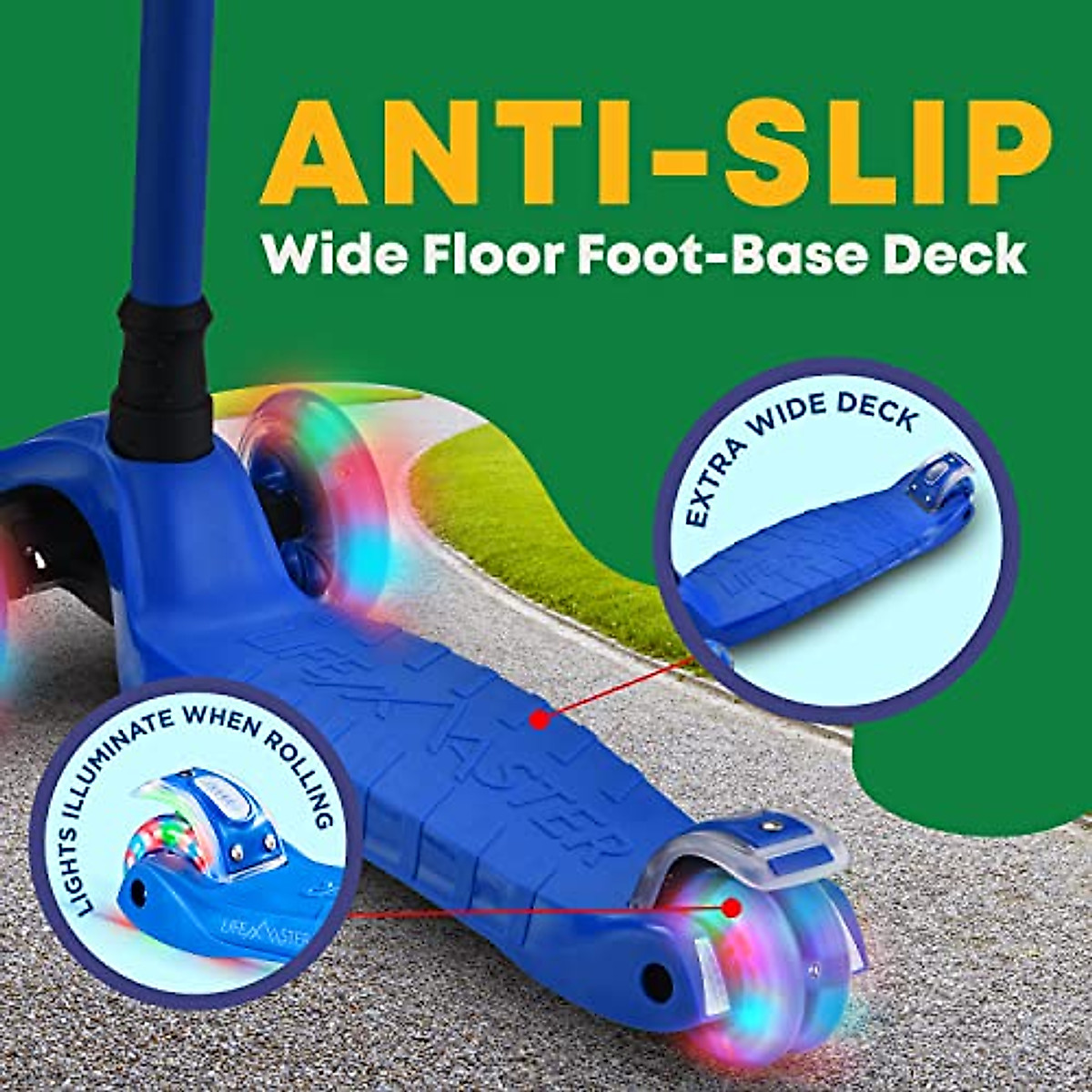 Kids Scooter – Children and Toddler 3 Wheel Kick Scooter – LED Wheel Lights Illuminate When Rolling– Adjustable Handlebar – Indoor and Outdoor Blue - Lifemaster