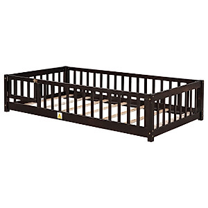 Bellemave Twin Size Wooden Floor Bed Frame with Fence Railings and Support Slats for Kids, Espresso