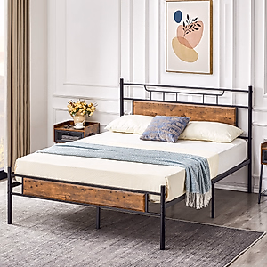 VECELO Queen Size Bed Frame with Wood Headboard, Strong Metal Slats Support for Platform,No Box Spring Needed,Easy Assembly,Rustic Brown