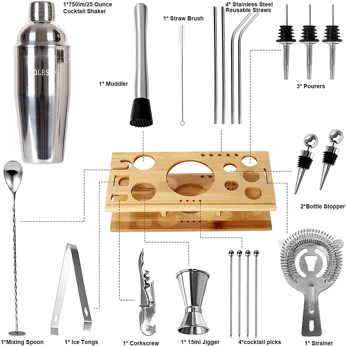 Bartender Kit, 26-Piece Stainless Steel Bartender Kit with Stylish Bamboo Stand Home Cocktail Shaker Set Bar Set with Bar Mixer Best Bar Kit for Beginners