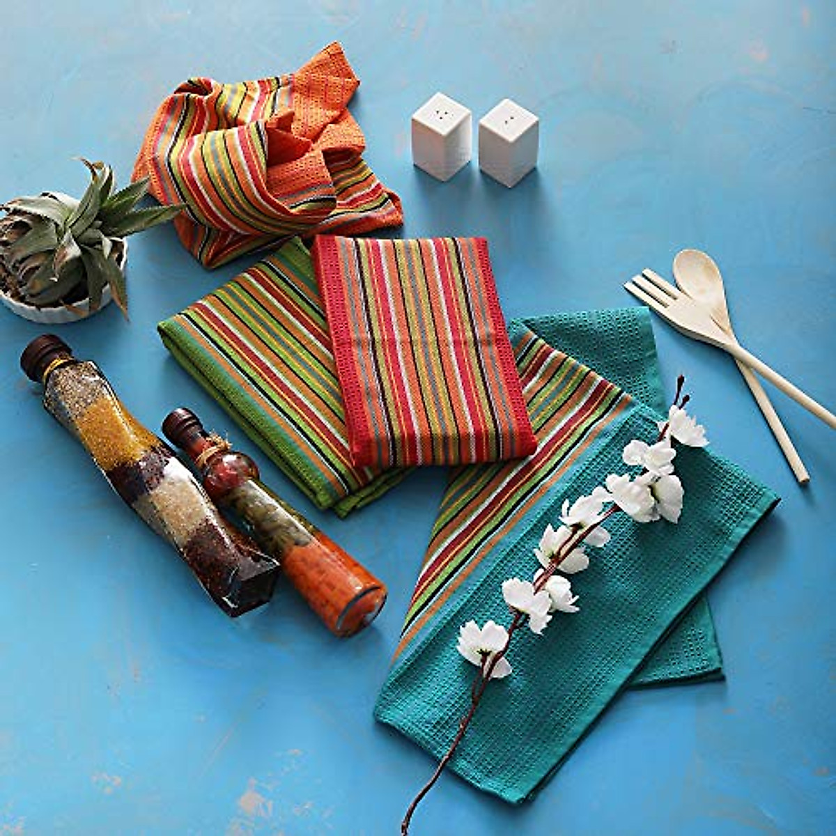 DG Collections Salsa Stripe Kitchen Dish Towels, 100% Cotton, Highly Absorbent, Multi Purpose Waffle Tea Towels for Cooking,Drying&Cleaning (16x28 Inches) - Pack of 12 for Christmas and Thanks Giving