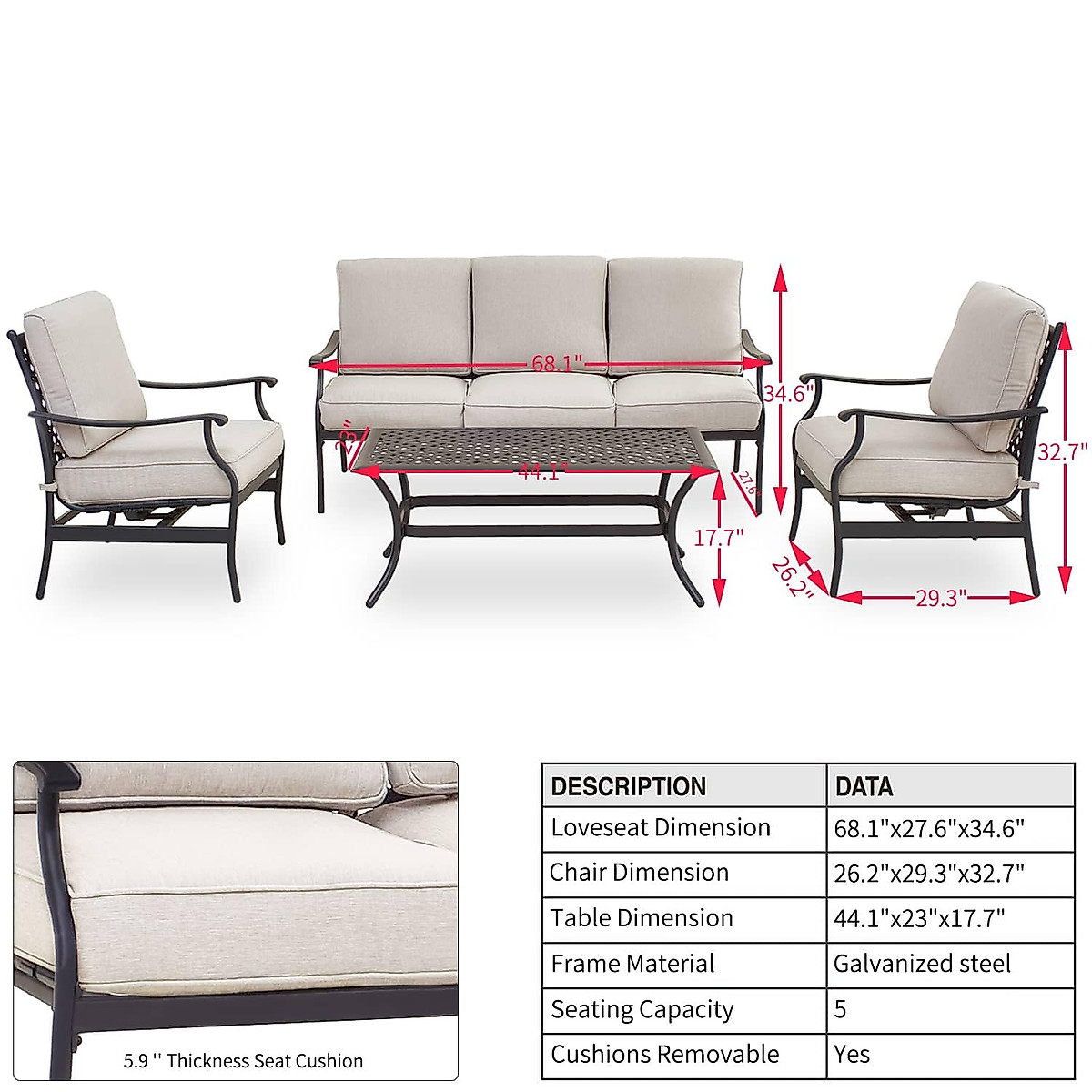 PatioFestival Patio Conversation Set 4Pcs Cushioned Outdoor Furniture Sets with All Weather Galvanized Steel Frame (Beige)