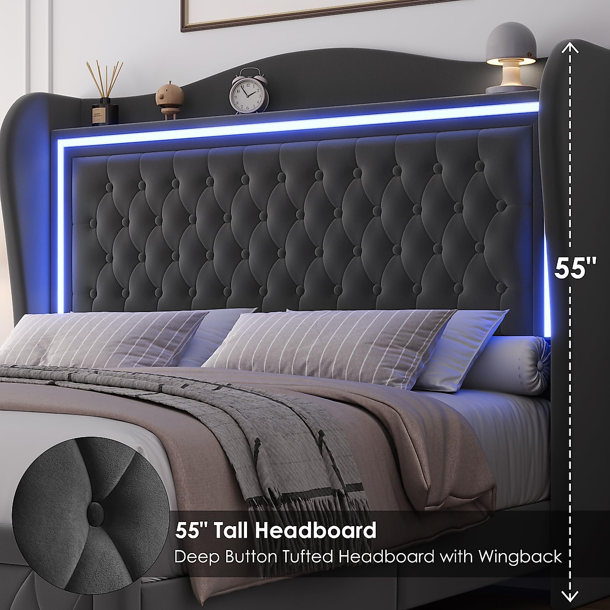 King Bed Frame 55" Tall Headboard with LED Lights, Buttons Tufted Velvet Upholstered Platform Bed Frame with 2 Storage Drawers, Wood Slats Support Mattress Foundation, No Box Spring Needed, Grey