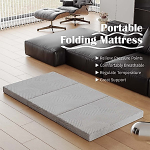 Dyonery Folding Mattress, 4 Inch CertiPUR-US Certified Memory Foam Twin XL Foldable Camping Mattress with Washable Cover, 80"×38"×4", Grey