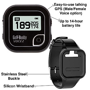 GOLFBUDDY Voice 2 Talking GPS Rangefinder (Bundle), Long Lasting Battery Golf Distance Range Finder & Silicon Strap Wristband (Voice 2, Black Voice 2 + Black Wristband)