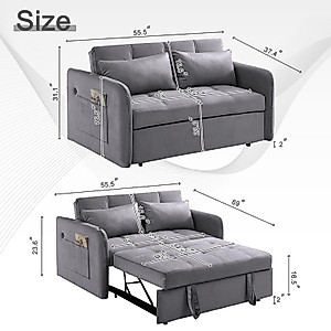 JEEOHEY Sleeper Sofa Couch,55.5" Modern 3-in-1 Tufted Velvet Convertible Pull Out Couch with USB, Adjustable Backrest Small Futon Loveseat Sofa Bed for Small Space Livingroom Apartment Office,Grey