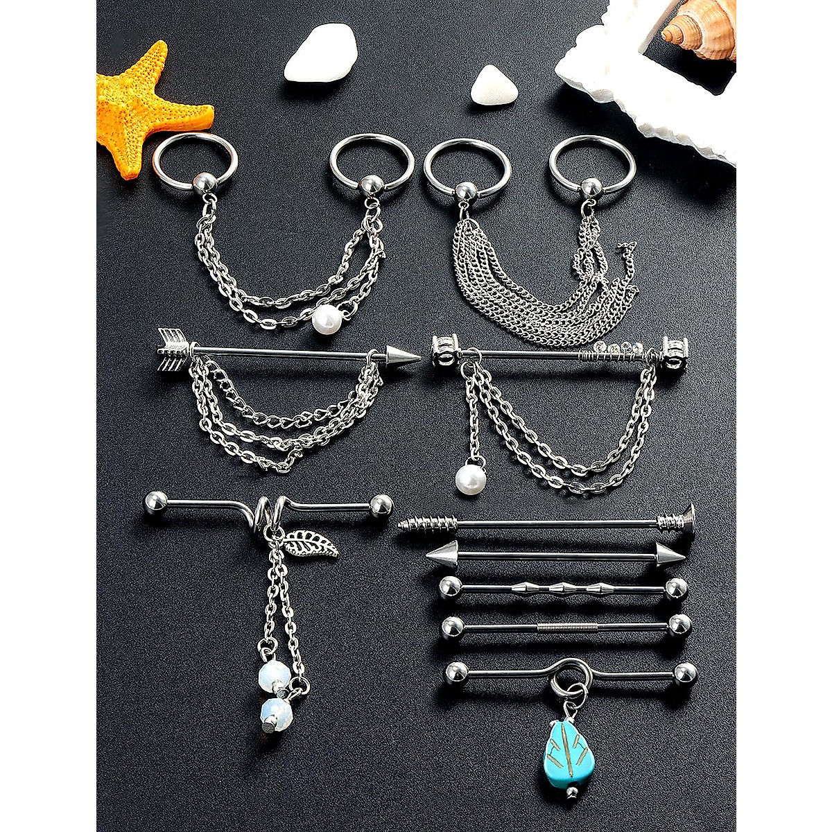 Goerhsjie Industrial Piercing Jewelry 14g Industrial Chain Earrings for Women 14 Gauge Long Industrial Bar Piercing Cute Silver Surgical Steel Industrial Barbell