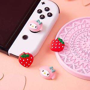 PERFECTSIGHT Cute Melody Switch Thumb Grips for Nintendo Switch OLED/Lite Console, Anime Soft Silicon Joystick Caps, 4PCS Kawaii 3D Analog Stick Button Cover for NS Joycon Controller - Strawberry