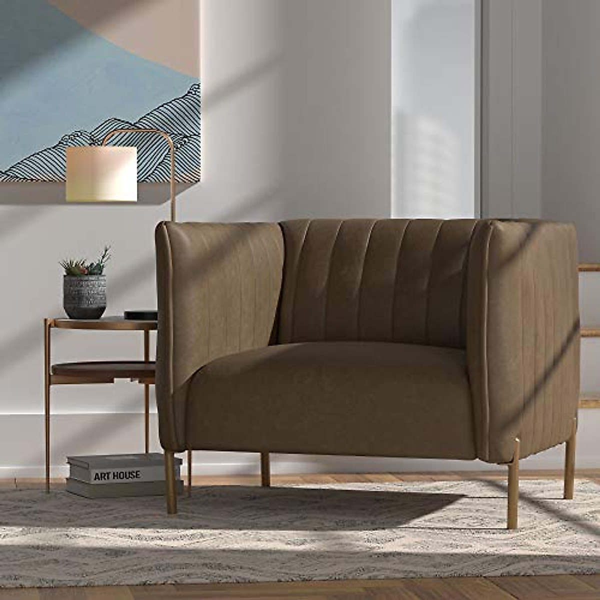 Amazon Brand - Rivet Frederick Mid-Century Channel Tufted Living Room Chair, Taupe Leather, 34.6" D x 38.1" W x 31.4" H