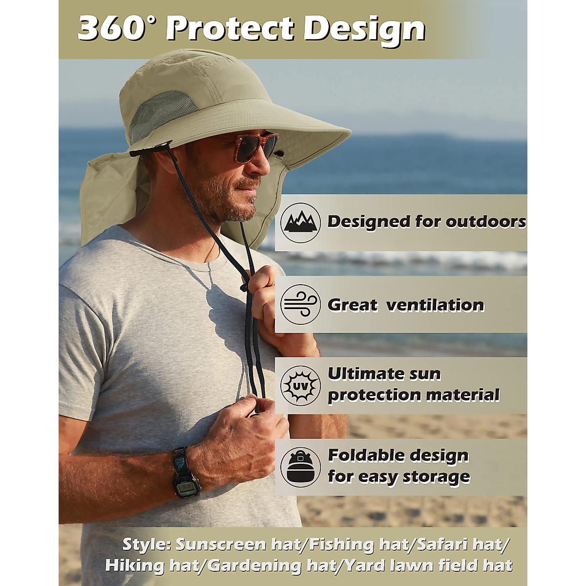 Neck Flap Sun Hat with Wide Brim, UPF 50+ Hiking Safari Fishing hat for Women Men, Sun Protection Hat for Summer Adventures Olive