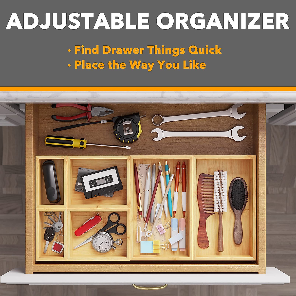 SpaceAid 6 Pcs Bamboo Drawer Organizer Storage Box Set, Multi-Use Drawer Organizer Bin for Kitchen, Bathroom, Office Desk and Makeup (6 Boxes)