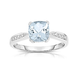 KOKAV Genuine Aquamarine 1-1/4 Ct Cushion Diamond Ring in 14K White Gold, Size 7