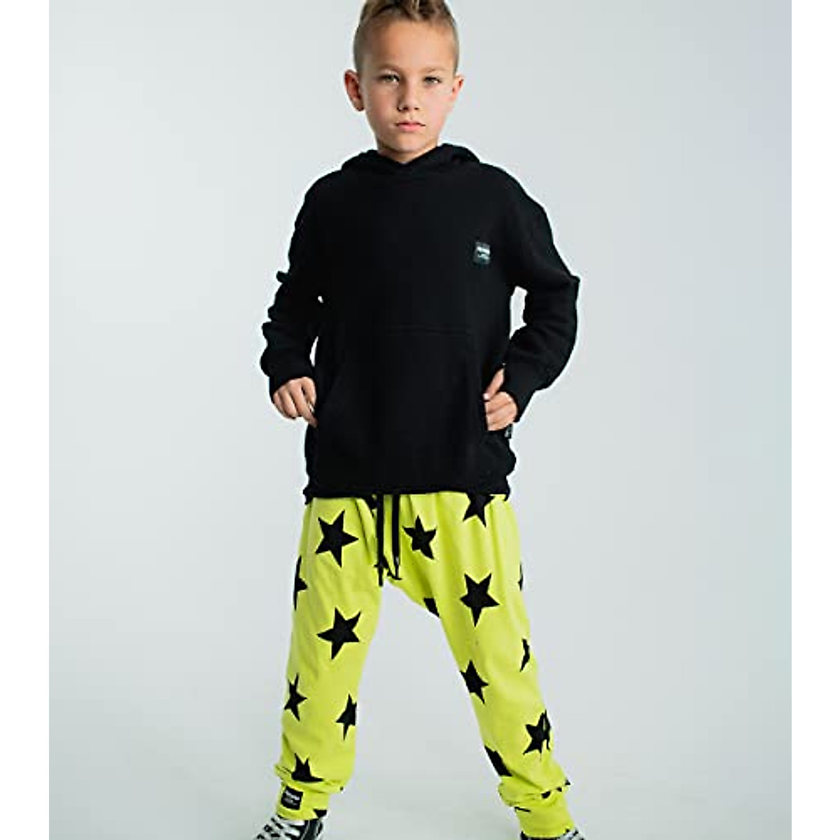 NUNUNU Light Baggy Pants, Toddlers Harem Sweatpants, for Toddler Boys and Girls, 100% Cotton, Unisex, Star - Hot Lime, 10-11 Years