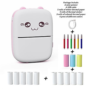 Inkless Sticker Printer, Mini Pocket Thermal Sticker Printer, Bluetooth Pocket Portable Printer with 13 Rolls Thermal Paper, Compatible with IOS and Android Phone for Photo, Memo, Notes(Pink).