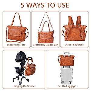 Johomviin Diaper Bag Tote Fashion Leather Diaper Bag Backpack with 13 Pockets for Mom Dad, Large Travel Baby Bag Purse for Boys Girls with 3 Insulated Pockets, Changing Station - Brown