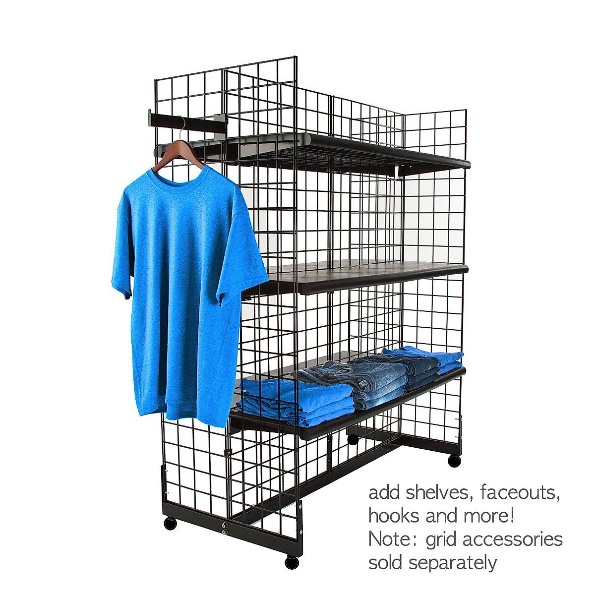 Only Hangers Gridwall Panel Display Fixture with Gondola Base - Black Grid Gondola Unit with Casters