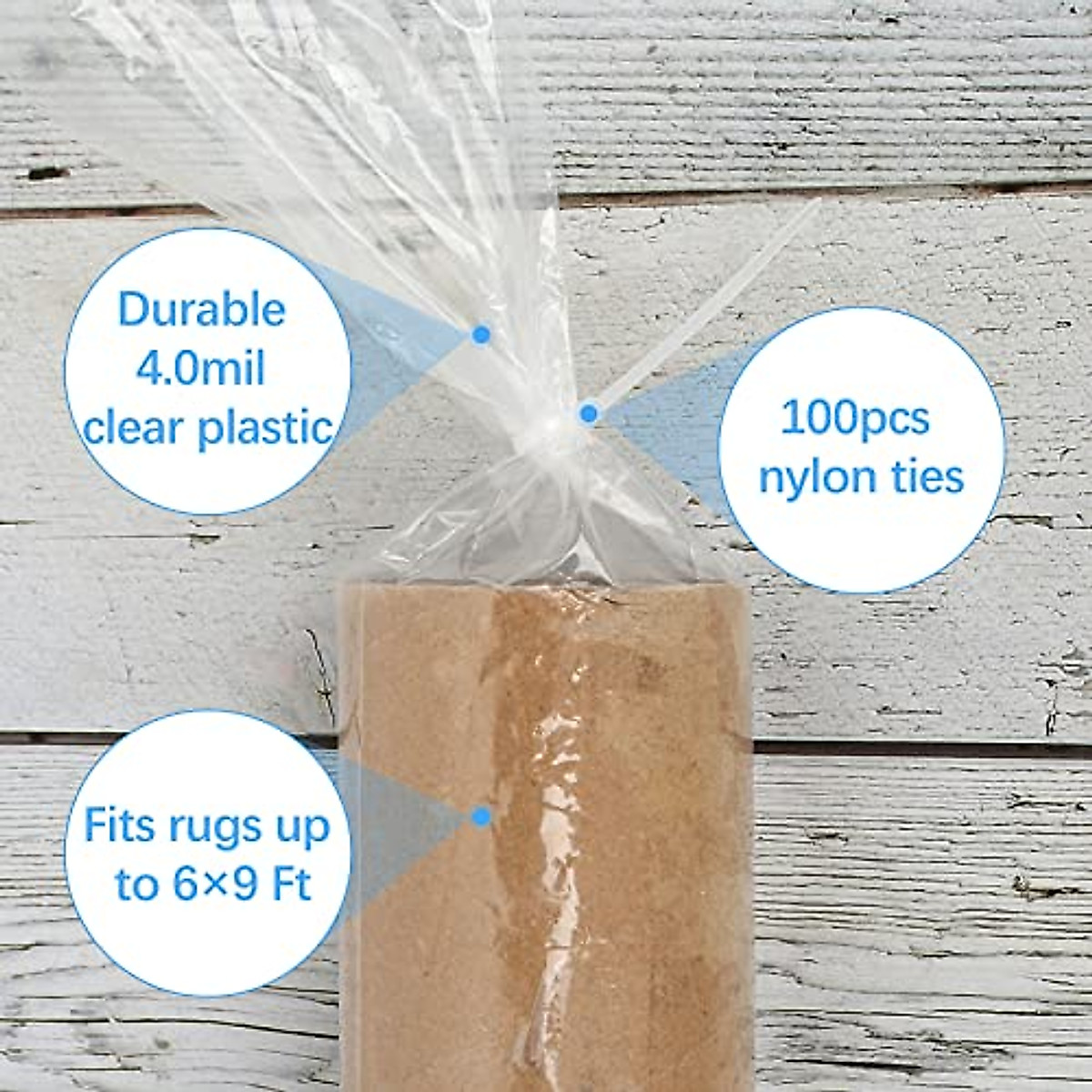 3 Pcs Large Plastic Rug Storage Bag, Fits Rug up to 6'x 9' Clear Carpet Bag Moving Bag with 100 Pcs Zip Tie Protects Rolled Rugs Perfect for Storage, Moving, Packing and Shipping