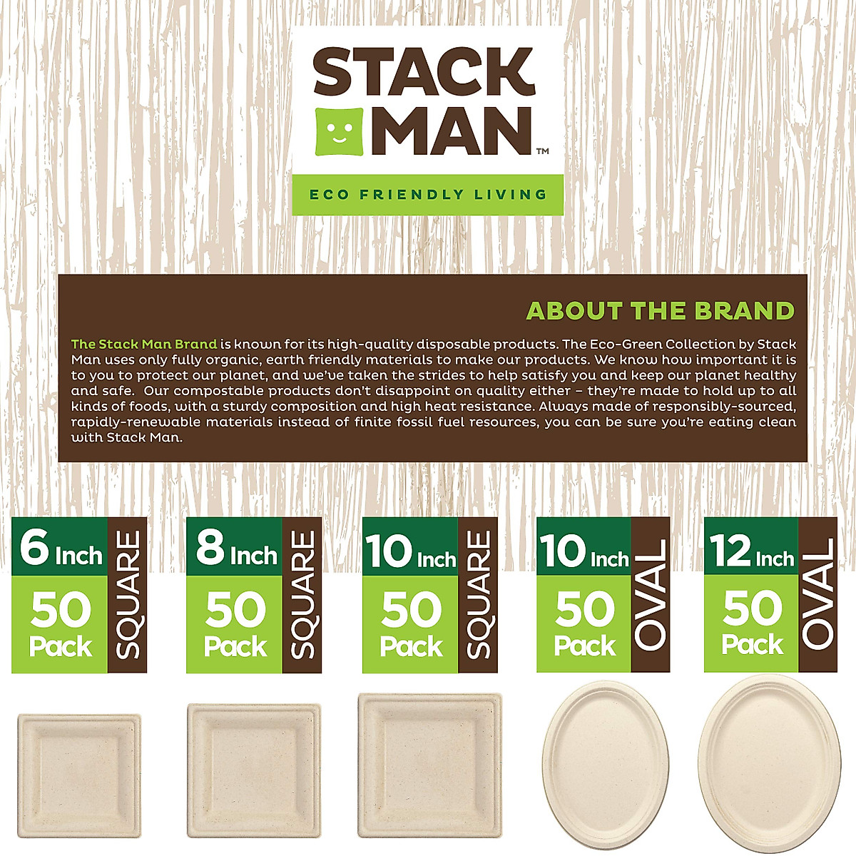 100% Compostable Oval Paper Plates [50-Pack] - {PFAS-Free} - {BPI Certified} - [12 Inch] Heavy Duty, Eco-Friendly, Biodegradable Bagasse Platters - Natural Brown 12" Oval Platter Plates by Stack Man