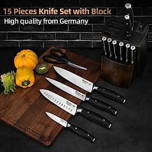 Kitchen Knife Set with Block, 15PCS Full Tang Knife Block Set, High Carbon Stainless Steel Knife Set with Built-in Sharpener, Professional Knives Set for Kitchen with Gift Box
