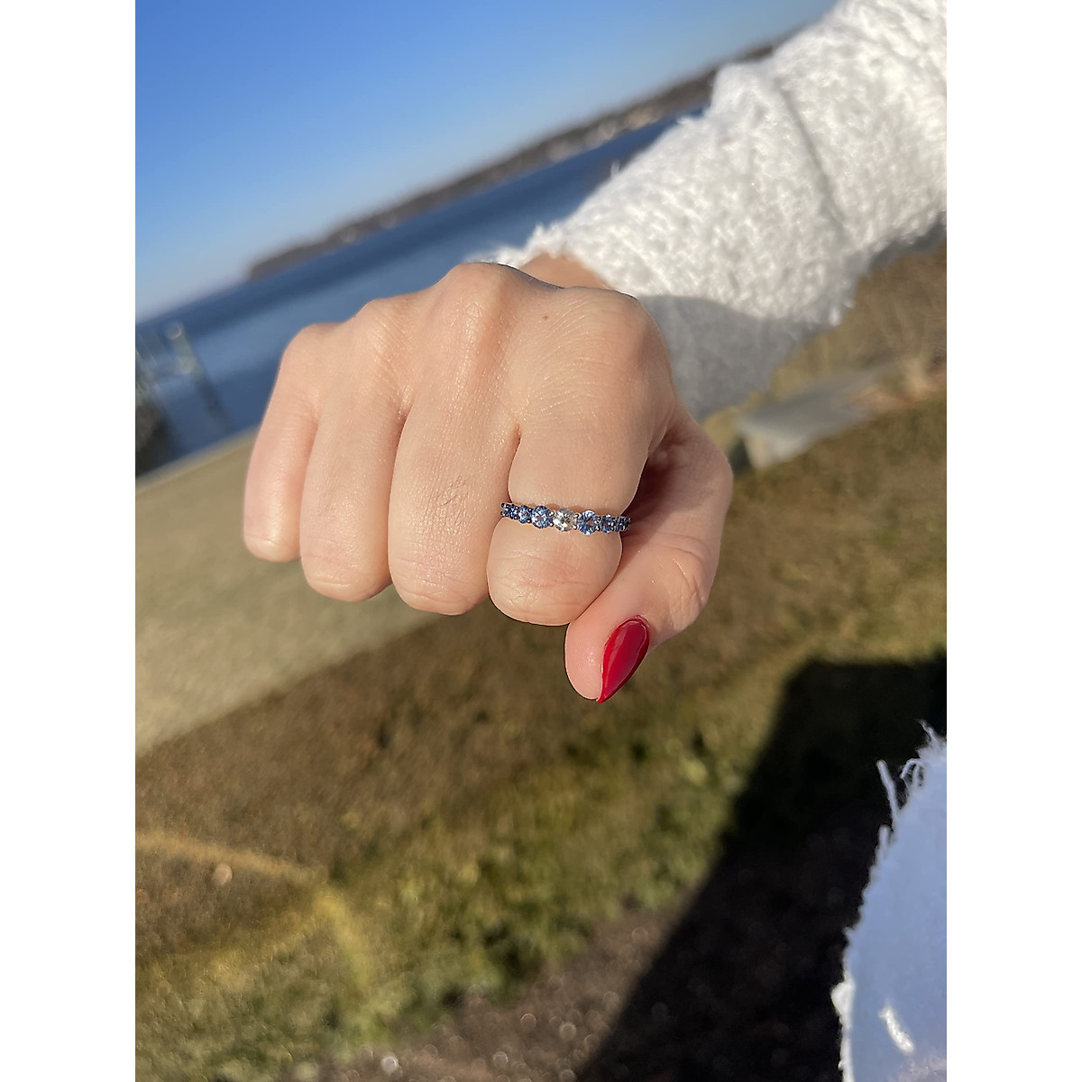 LE VIAN 1 Carat White and Blue Sapphire Classic Stackable Band Ring for Women in 14k White Gold Promise Anniversary Ring Size 7